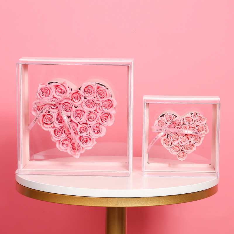 Custom Acrylic Heart-shaped Immortal Rose Flower Display Box Square ...