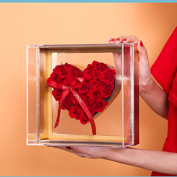 Custom Acrylic Heart-shaped Immortal Rose Flower Display Box Square ...